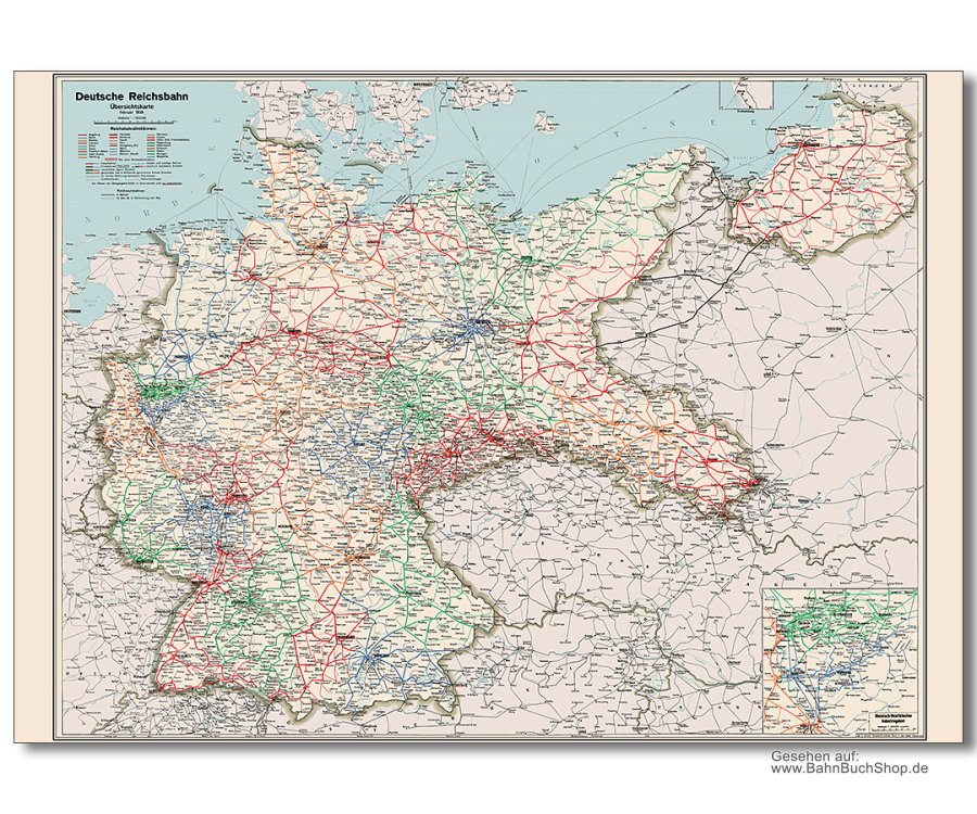 Deutsche Reichsbahn 1938 Übersichtskarte der Eisenbahn Deutschland XX ...